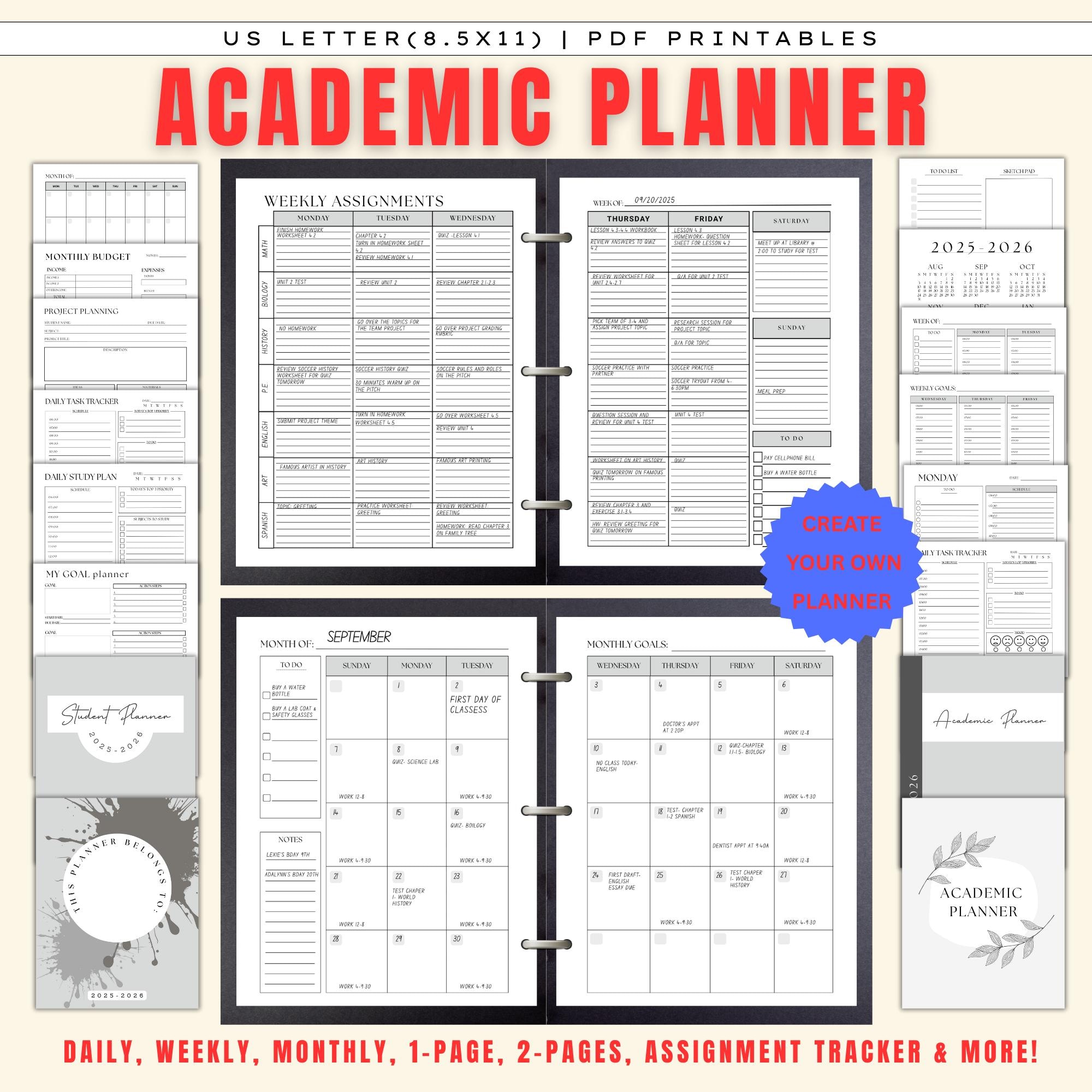 2025-2026 Academic Planner Printable: Student Assignment Tracker (PDF ...