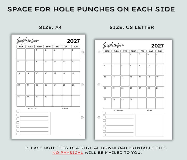 2027 Calendar Printable, 2027 Monthly Planner Vertical, Monthly ...