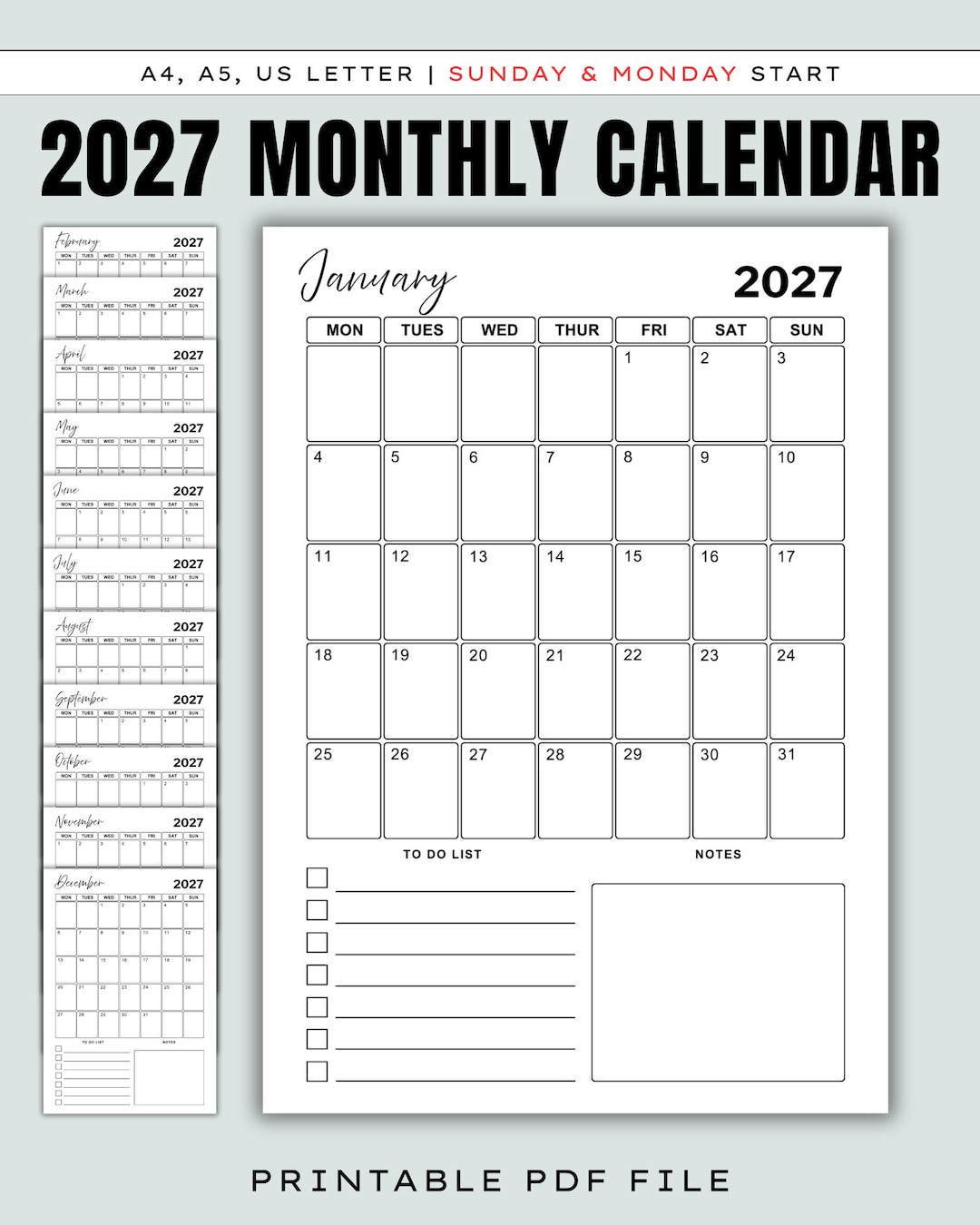 2027 Calendar Printable, 2027 Monthly Planner Vertical, Monthly ...