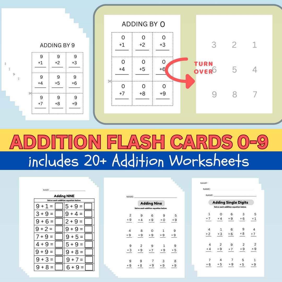Addition Flash Cards 0-9 | Math Printable Cards | Addition Worksheets | Adding Worksheets | Math ...