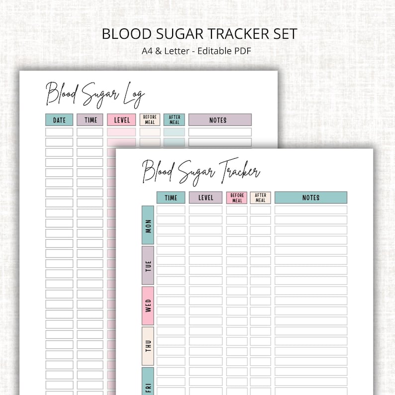 Editable Blood Pressure Blood Sugar Trackers, Blood Glucose Log, BP ...