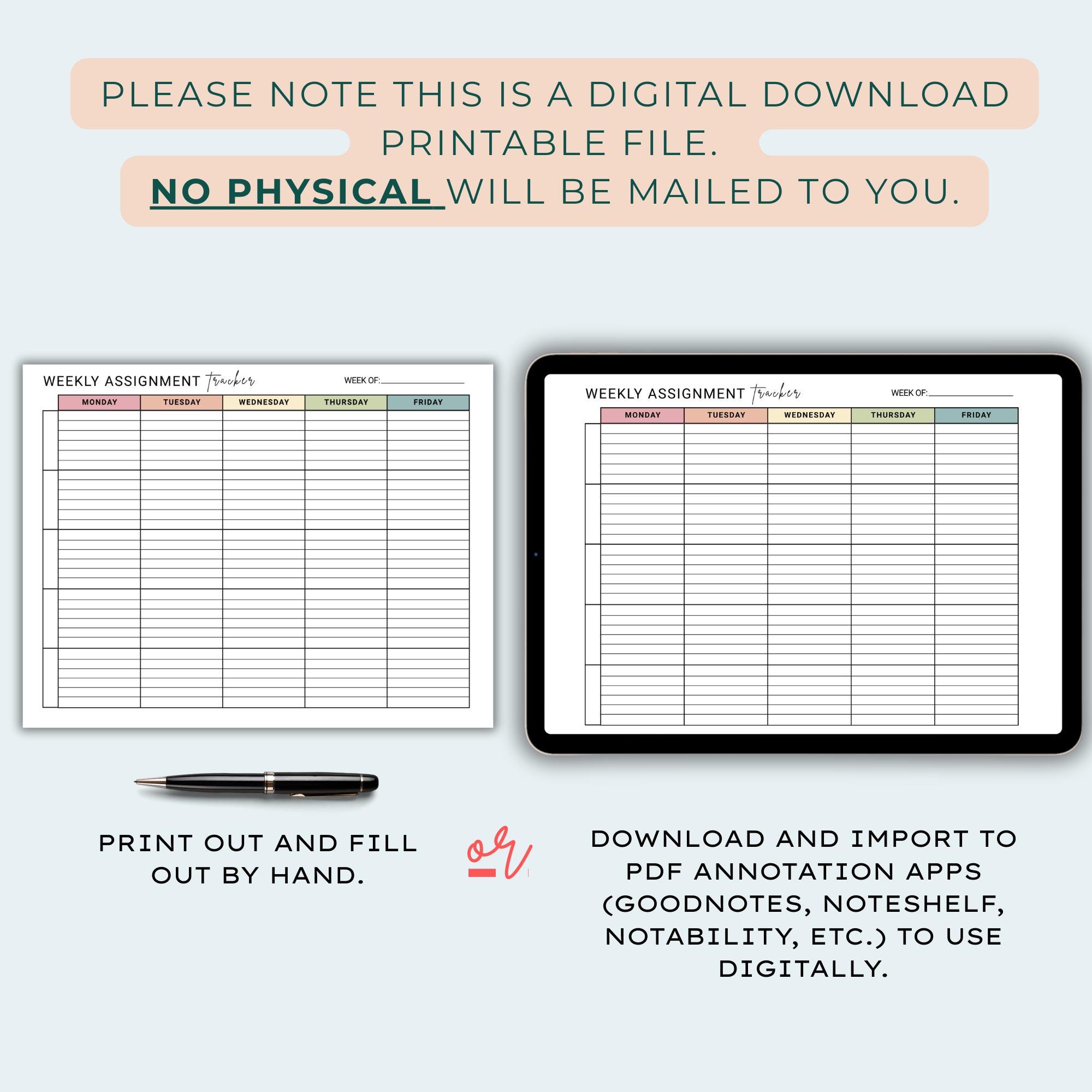 Weekly Assignment Tracker Printable, Homeschool Planner, Student ...