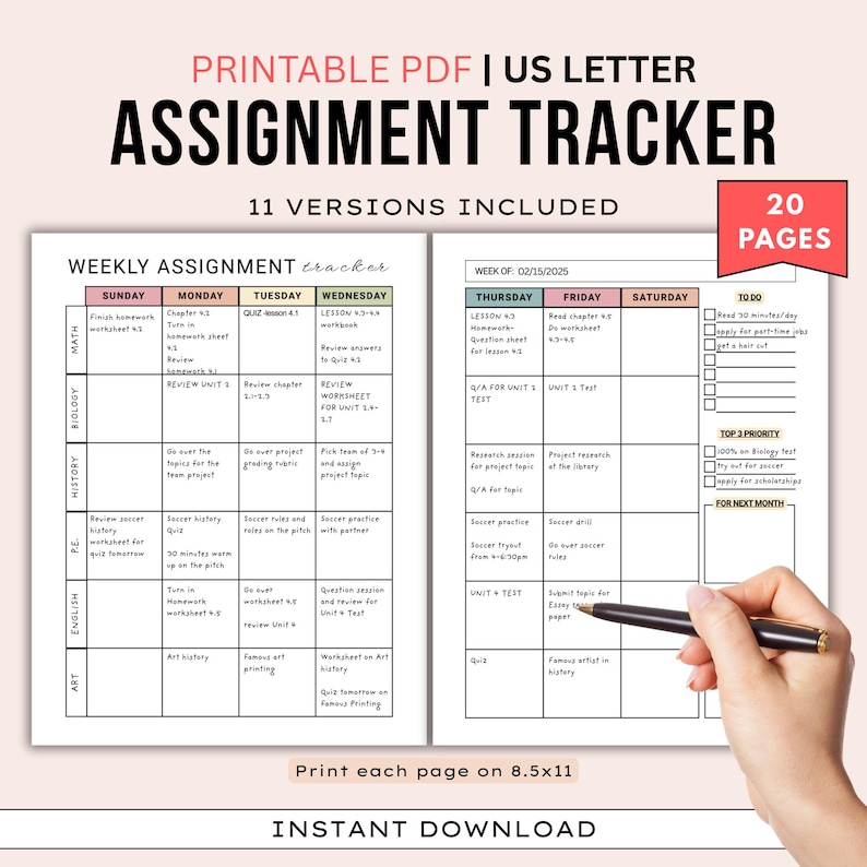 Student Assignment Tracker Printable: Homeschool Planner (PDF Download ...