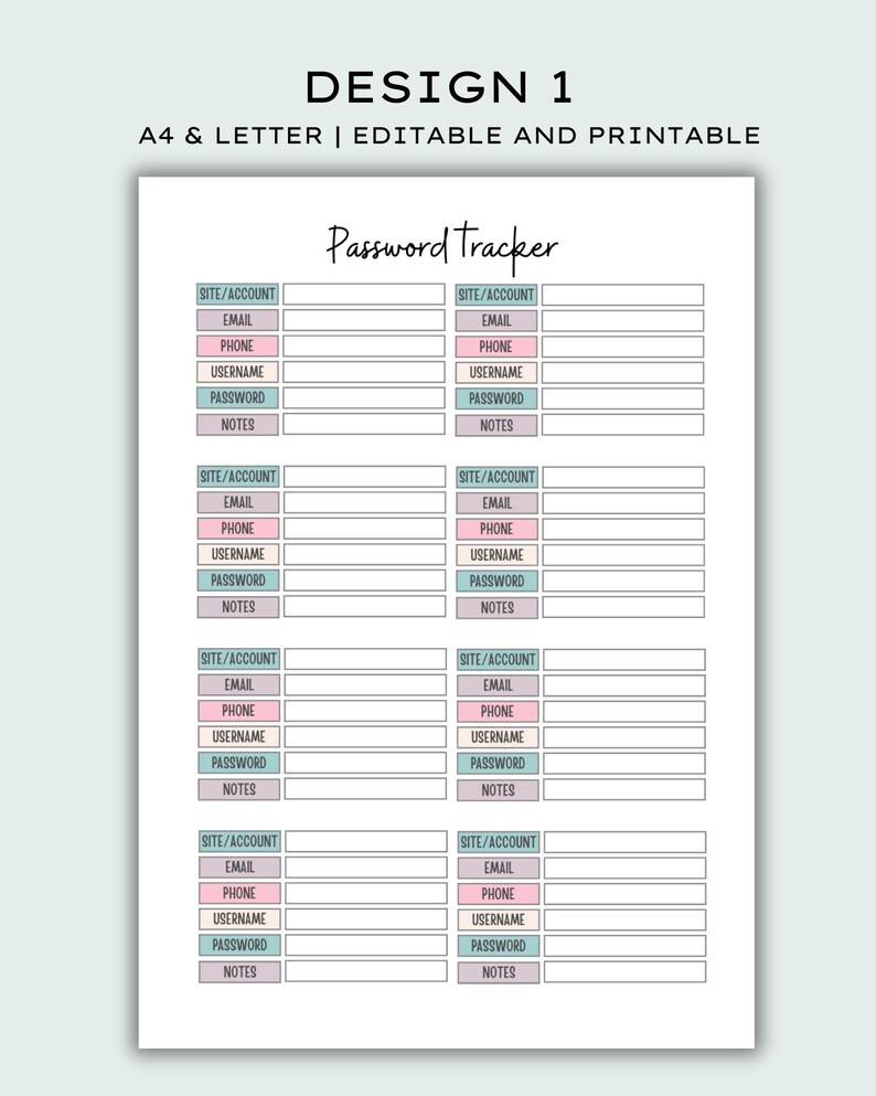 Editable Password Tracker | Printable Password Tracker | Password Log ...