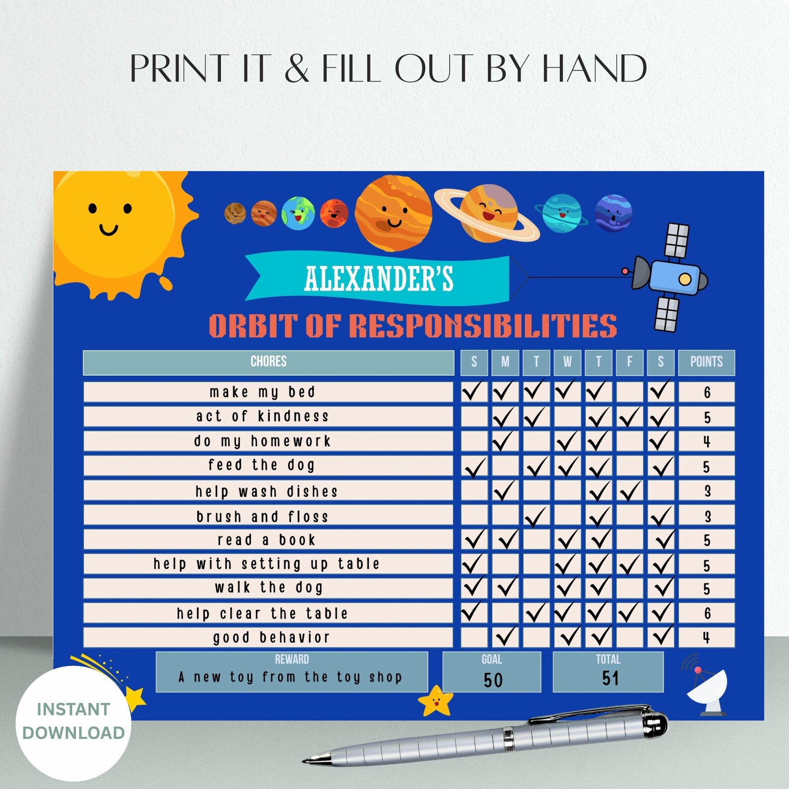 Printable Outer Space Reward Chart | Editable Planets Chore Chart ...