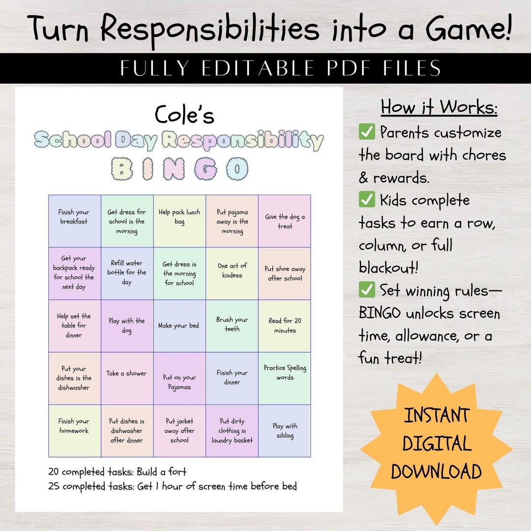 Editable School Day Responsibility BINGO | Daily Chore | Kids Chore ...