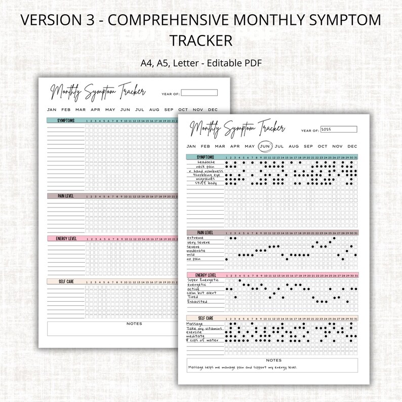 Editable Symptom Tracker, Monthly Symptom Template, Wellness Journal ...