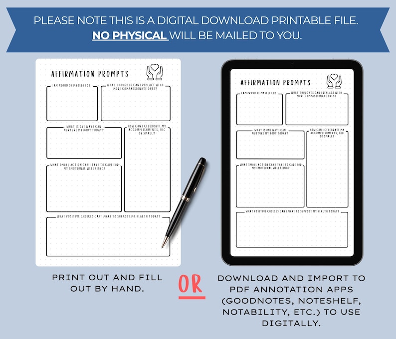 Affirmation Prompts Printable- Mental Health Journal Planner Insert ...