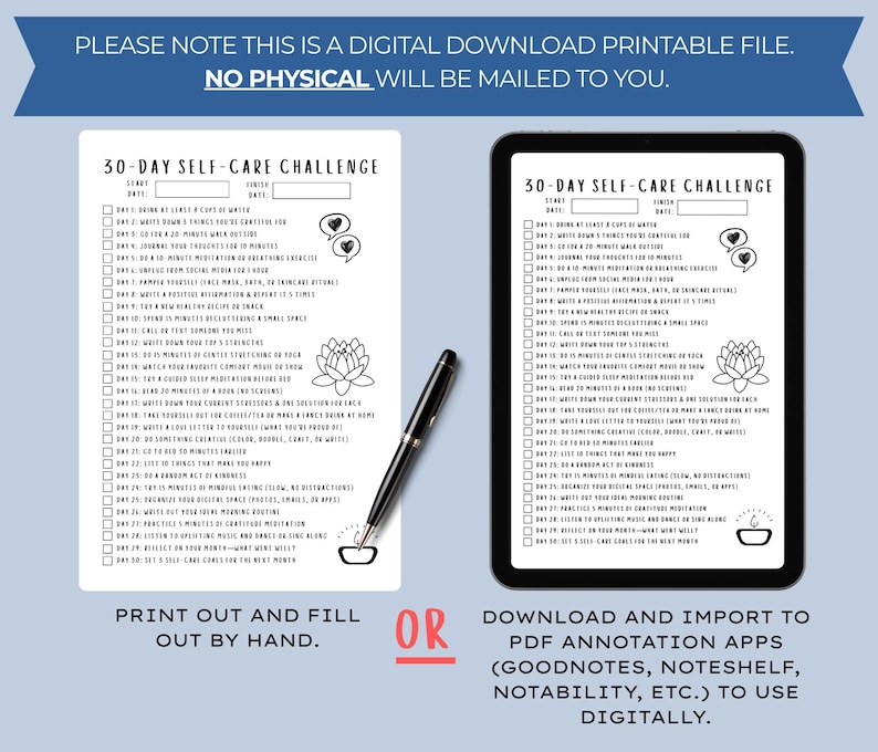 Self Care Challenge - PRINTABLE Journal Page - Planner Page - 30 Day ...