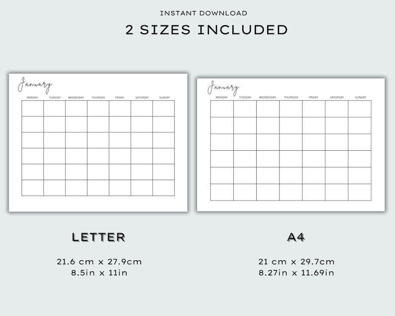 Blank Monthly Calendar: Minimalist Printable Planner (PDF Download, US ...