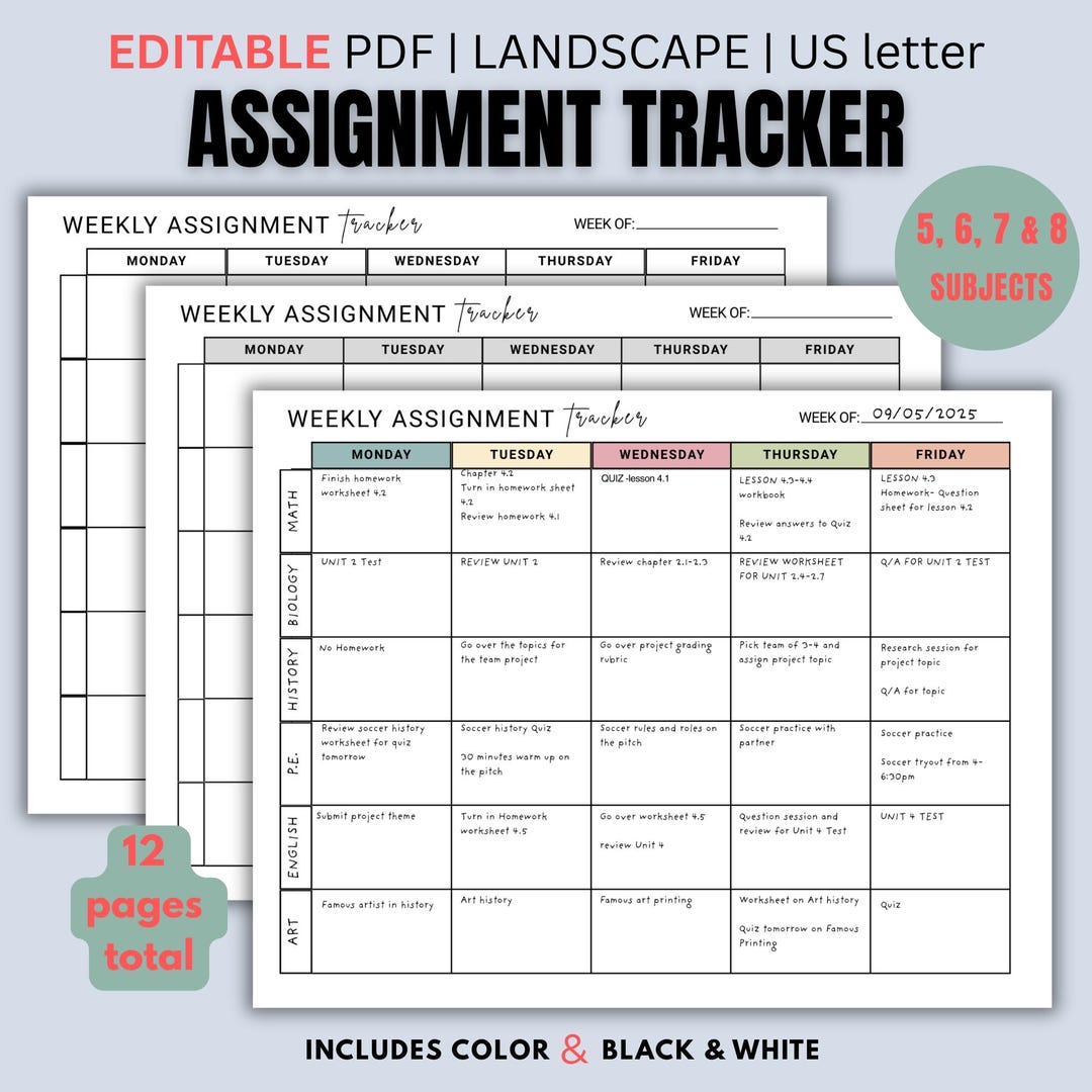 Editable Weekly Assignment Tracker: Homeschool & Teacher Planner (PDF ...