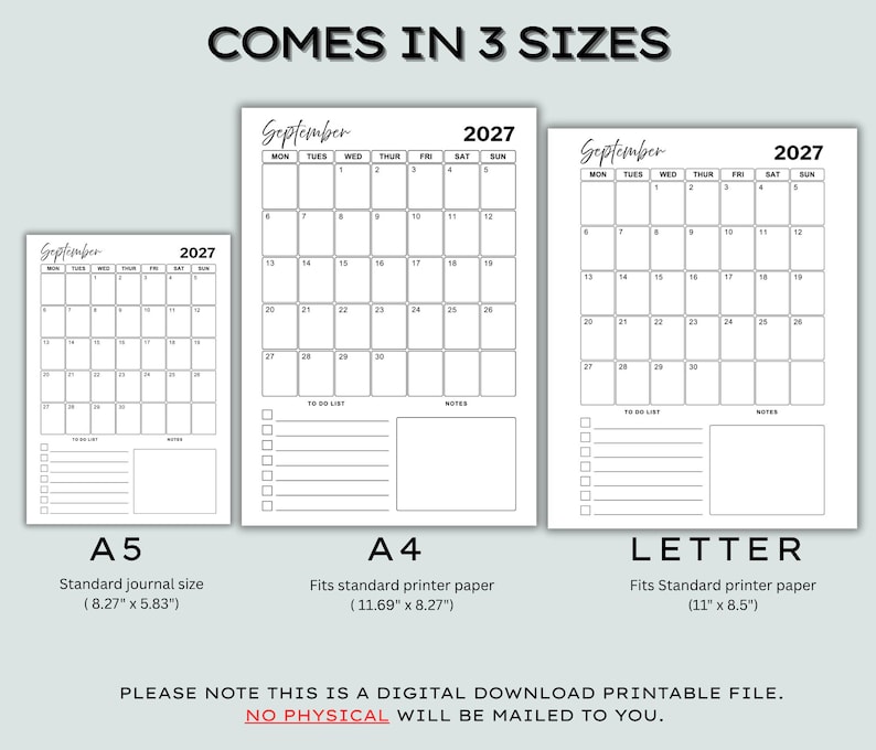 2027 Calendar Printable, 2027 Monthly Planner Vertical, Monthly ...