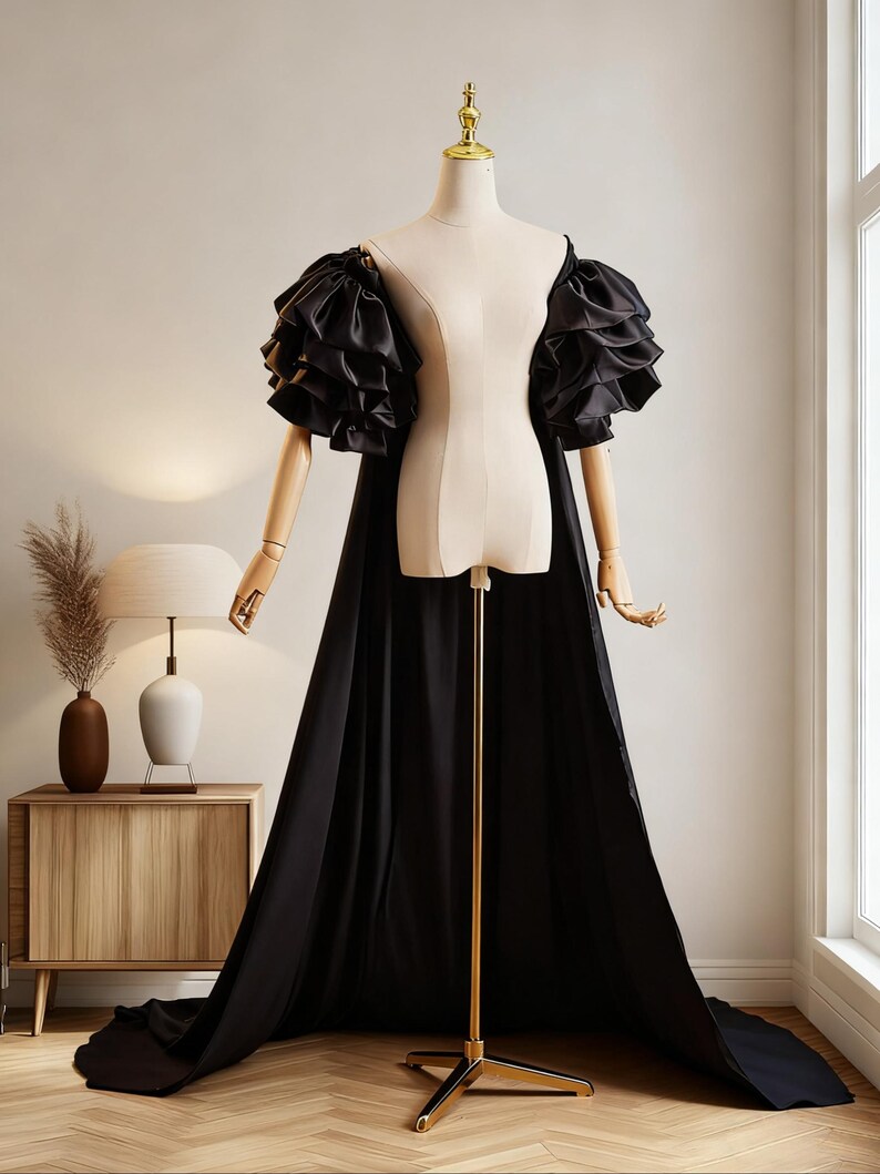 Black Satin Puff Sleeve Cape – Dramatic Train Robe, Editorial ...