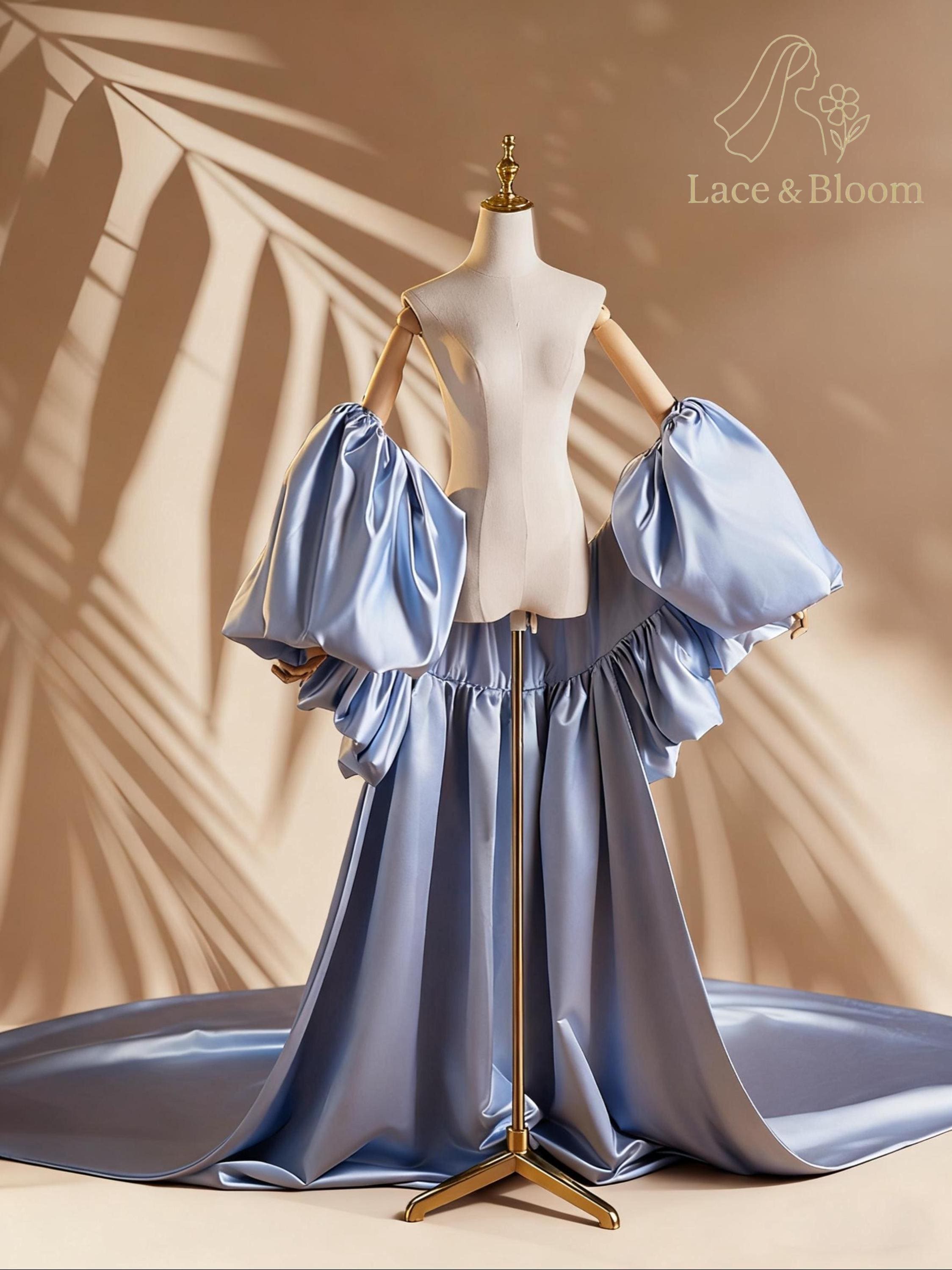 Ice Blue Satin Puff Sleeve Cape – Luxury Couture Shawl for Photoshoot ...