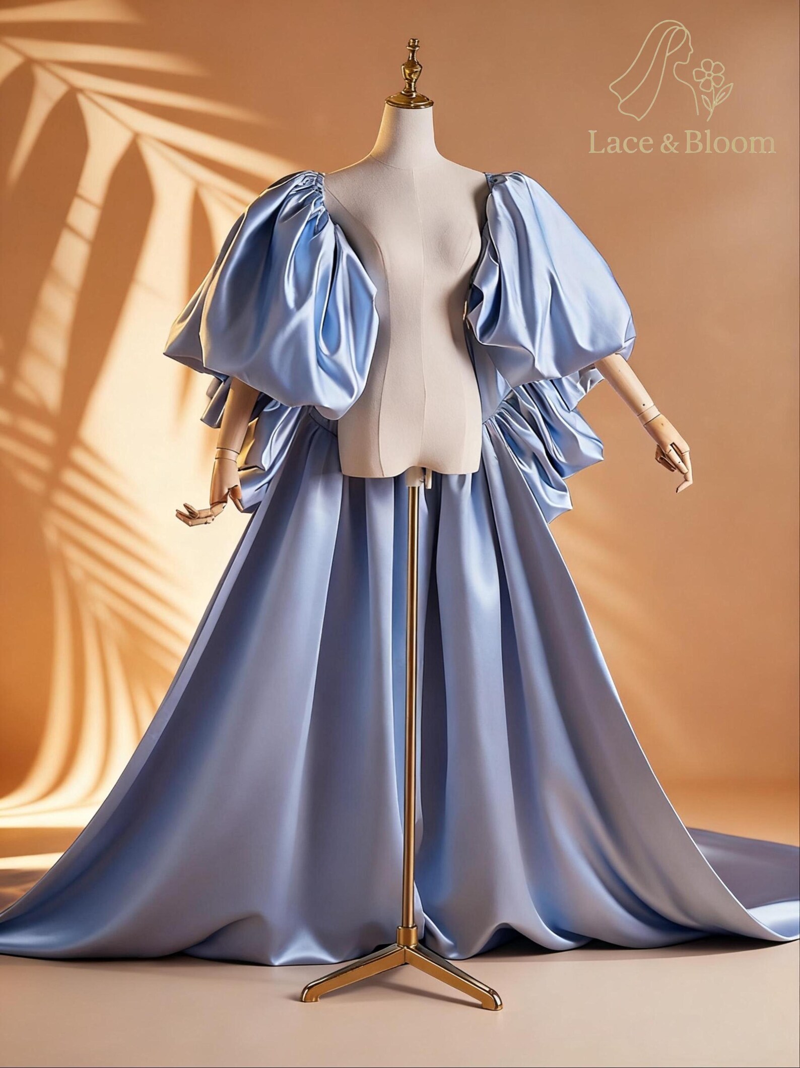 Ice Blue Satin Puff Sleeve Cape – Luxury Couture Shawl for Photoshoot ...