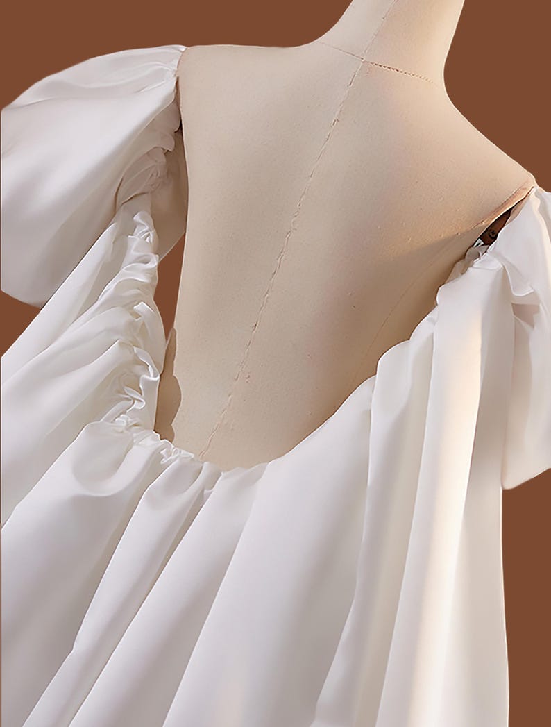 Backless Satin Wedding Gown | Puffy Sleeve Bridal Dress With Long Train ...