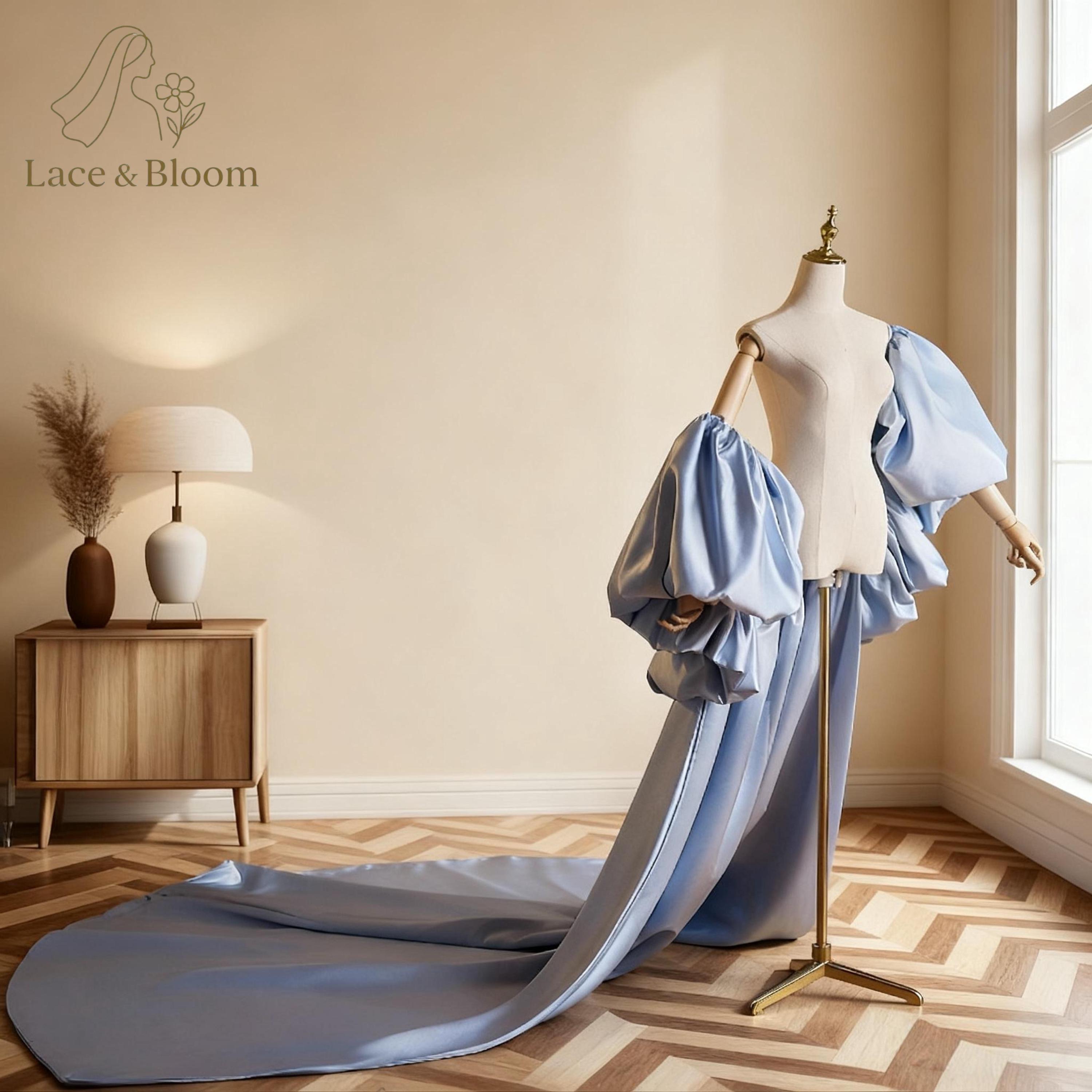 Ice Blue Satin Puff Sleeve Cape – Luxury Couture Shawl for Photoshoot ...