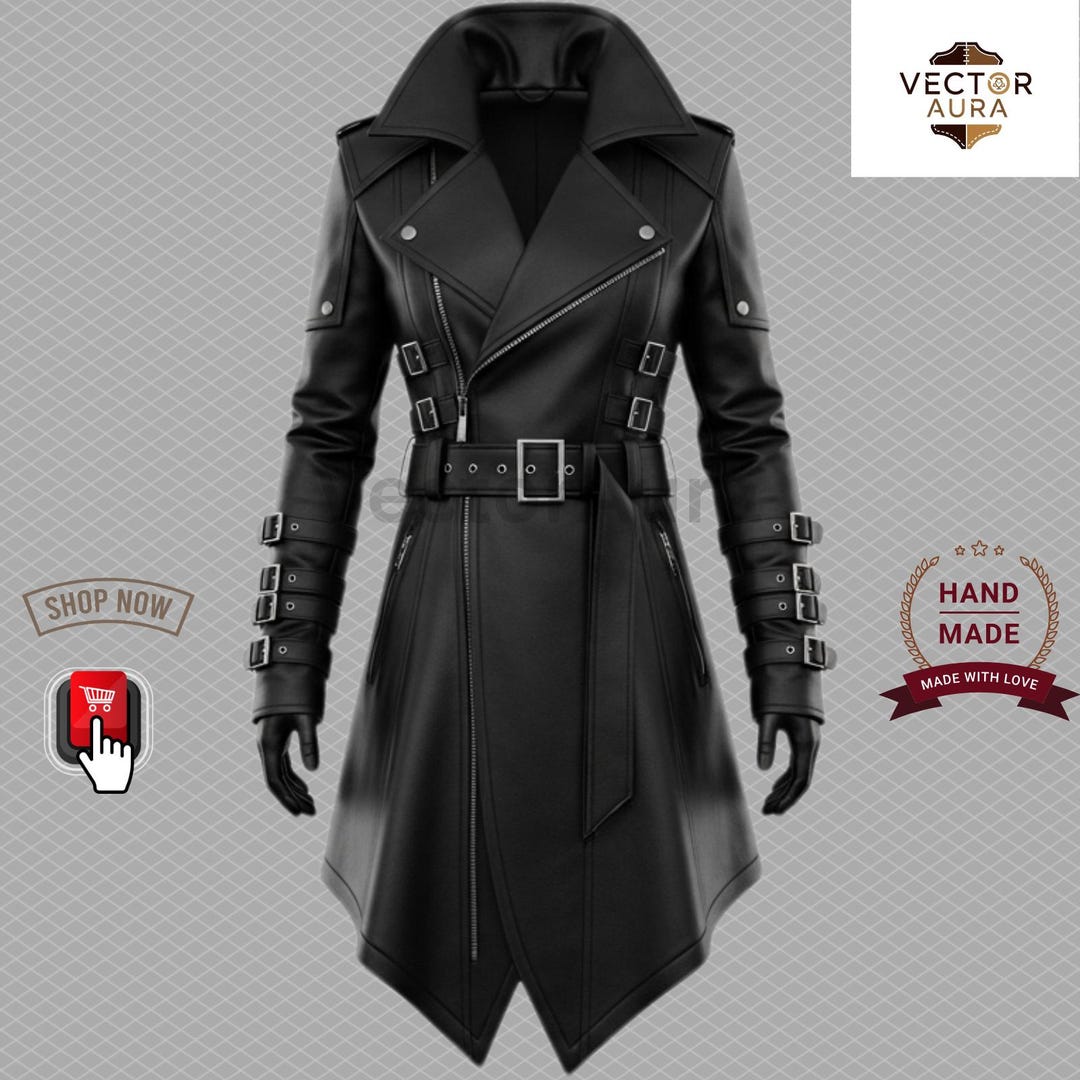 Black Leather Trench Coat-gothic Buckled Overcoat-steampunk Belted ...