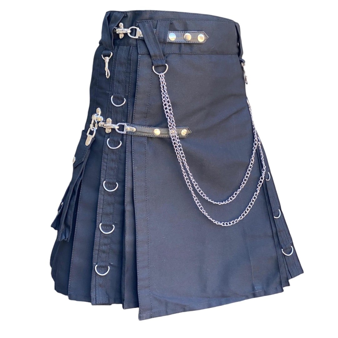 Scottish Highland Black Utility Kilt Traditional Handmade Gothic Style ...
