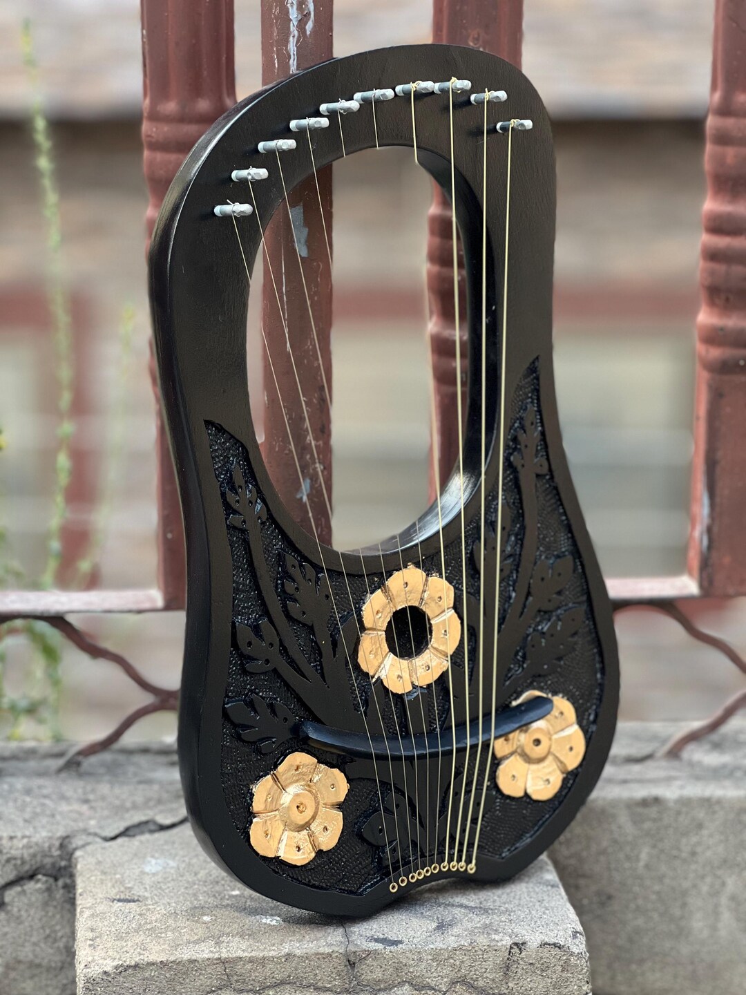 Black and Gold Rosewood Lyre Handmade 10 Metal Strings Lyre Harp With ...