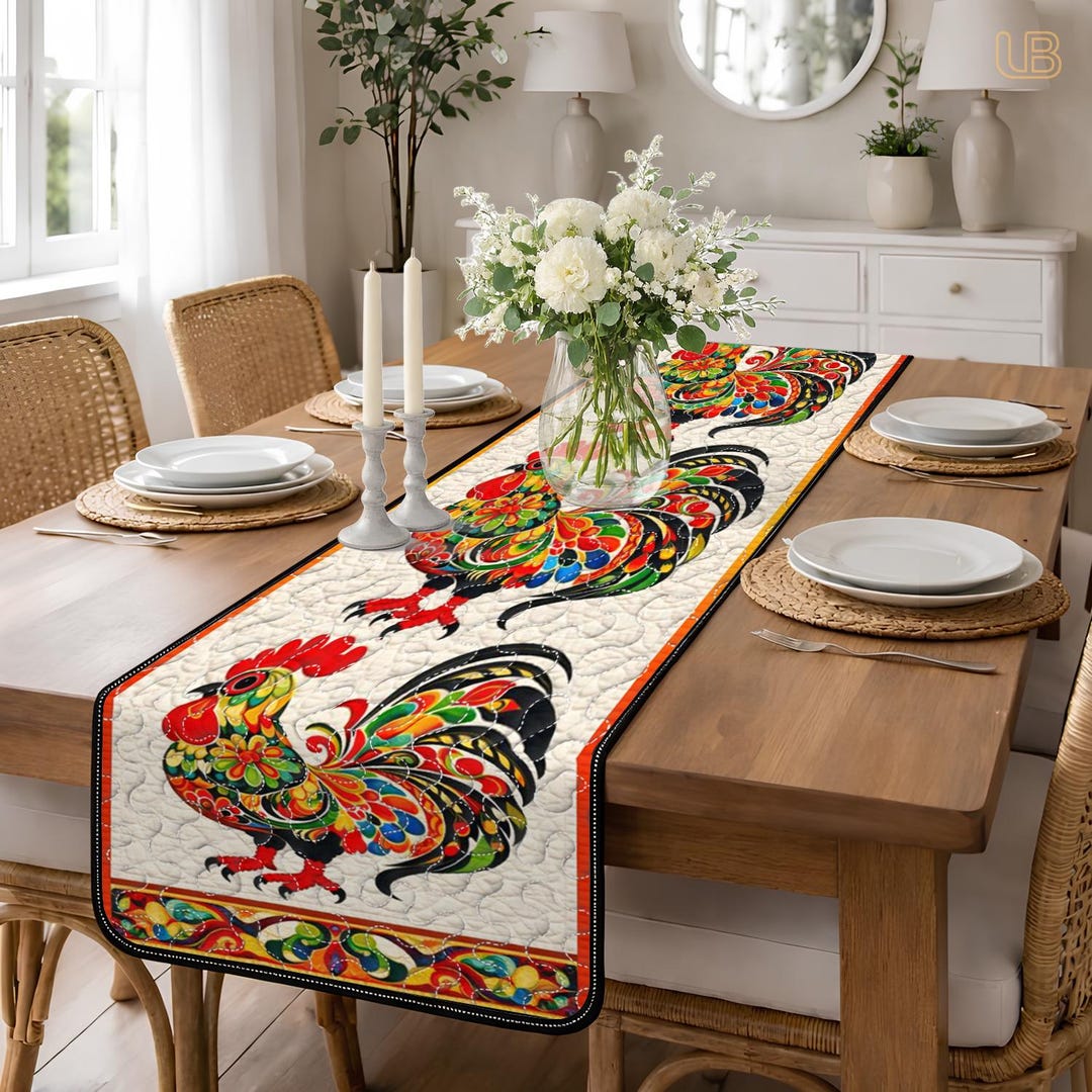 Colorful Rooster Quilted Table Runner, Folk Art Chicken Table Decor ...
