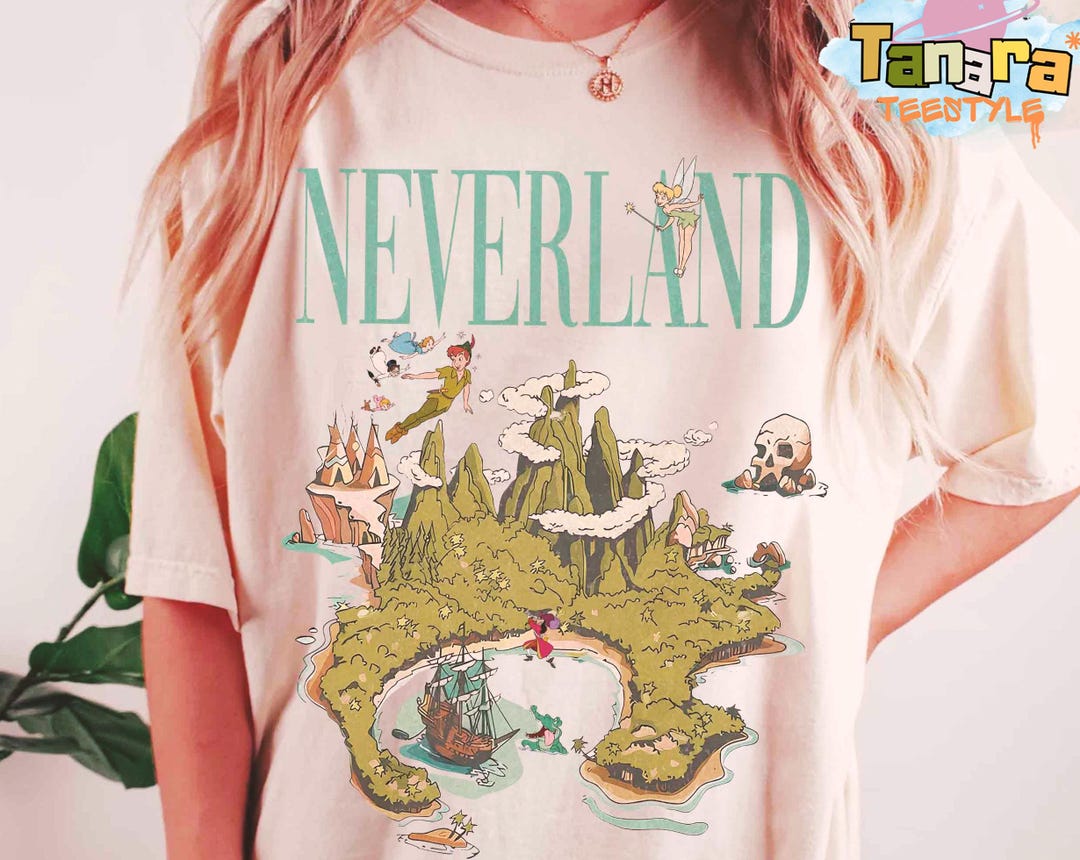 Camiseta retrô dos anos 90 com o mapa de Peter Pan Neverland, top curto ...