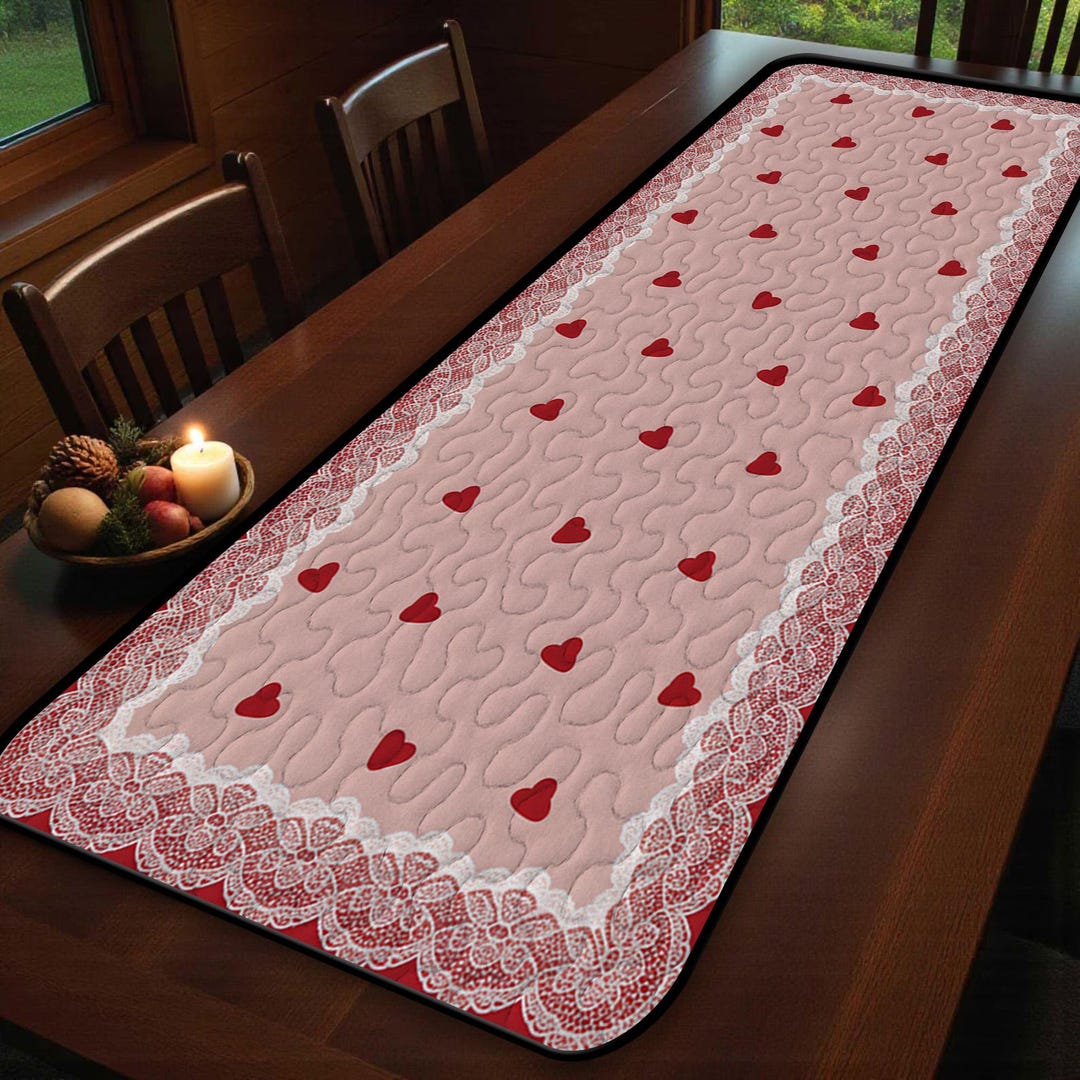 Lace Border Heart Quilted Table Runner, Romantic Pink Valentine Decor ...