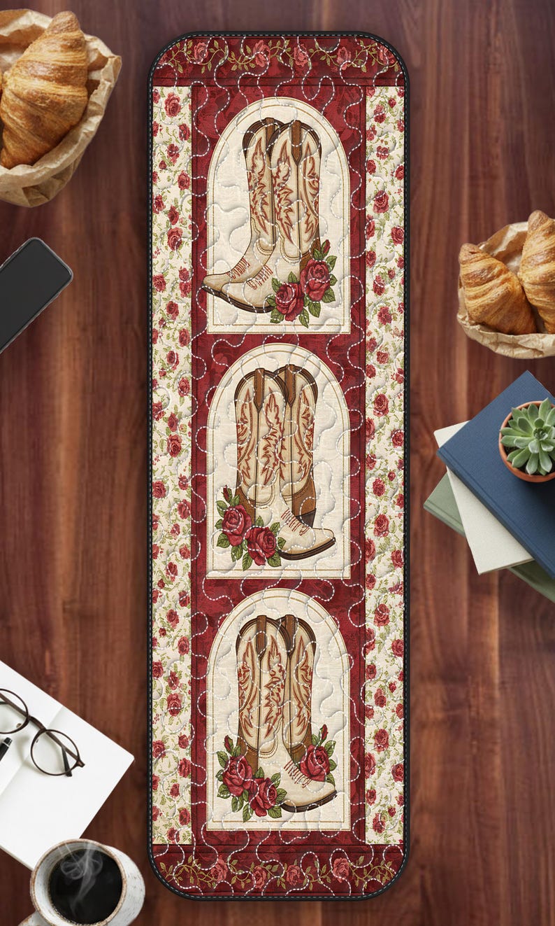 Vintage Rose Cowboy Boot Quilted Table Runner, Red Floral Western Table ...