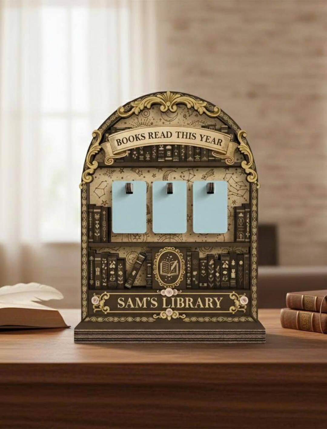 Gothic Black Gold Library Tracker, Arch Window Wood Reading Sign, Dark ...