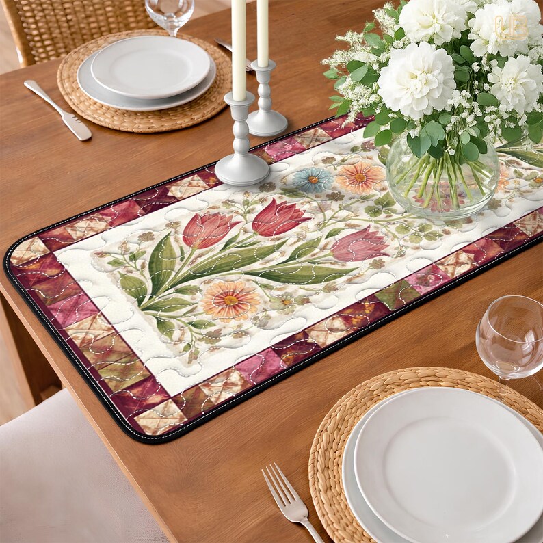 Red Tulip Quilted Table Runner, Spring Floral Table Decor, Summer ...