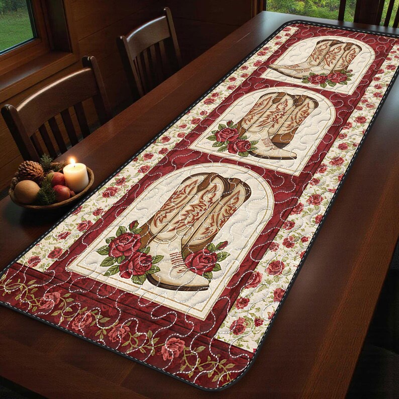 Vintage Rose Cowboy Boot Quilted Table Runner, Red Floral Western Table ...