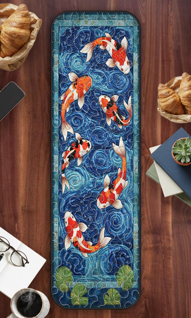 Koi Fish Pond Quilted Table Runner, Blue Water Swirl Zen Garden Decor ...