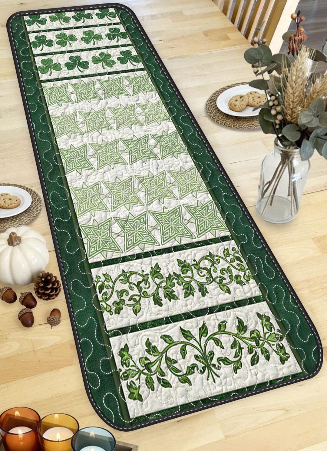 Green Clover Leaf Quilted Table Runner, Geometric Shamrock Patchwork ...
