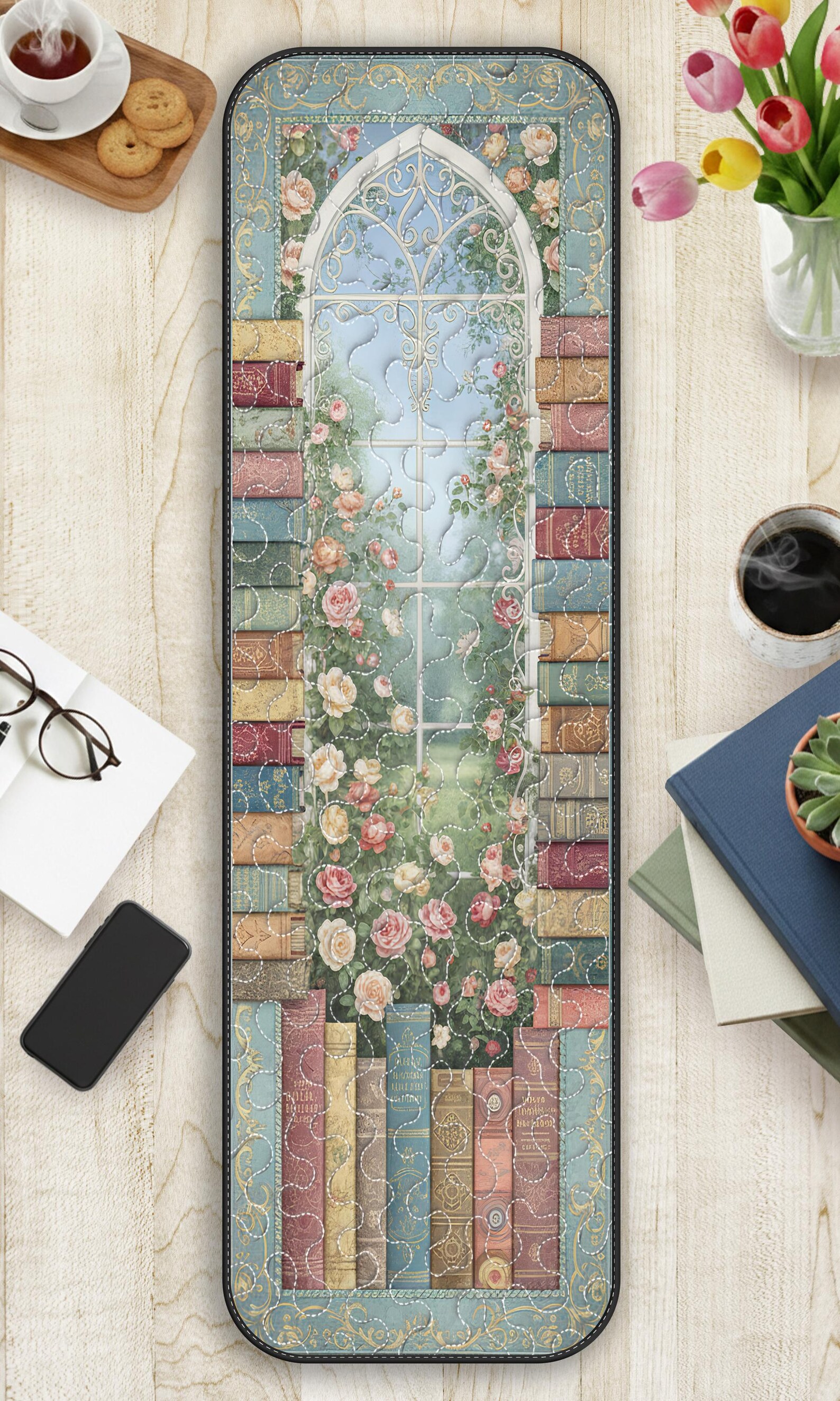 Secret Garden Window Quilted Table Runner, Floral Rose Bookshelf Decor ...