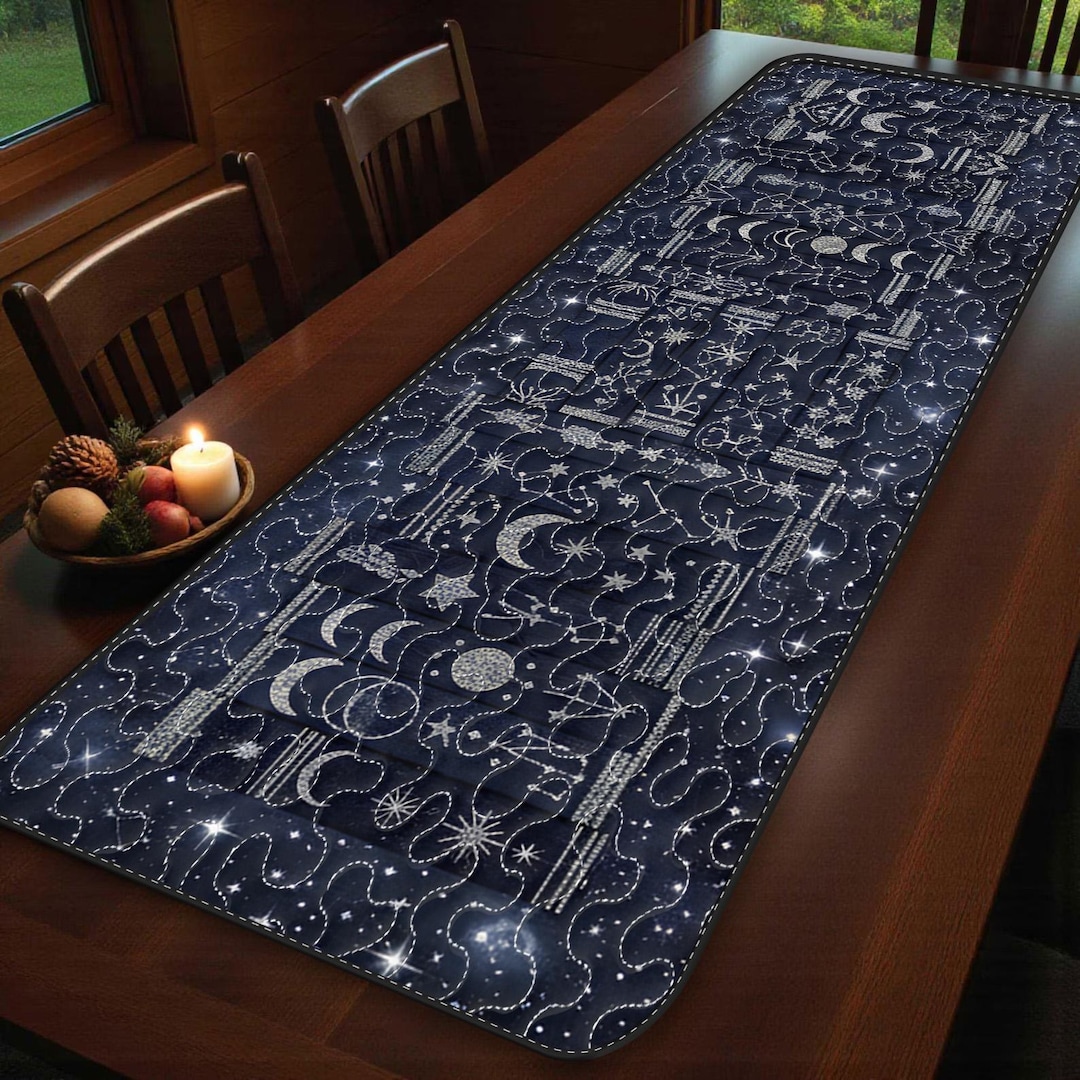 Celestial Navy Blue Moon Phase Quilted Table Runner, Stars and ...