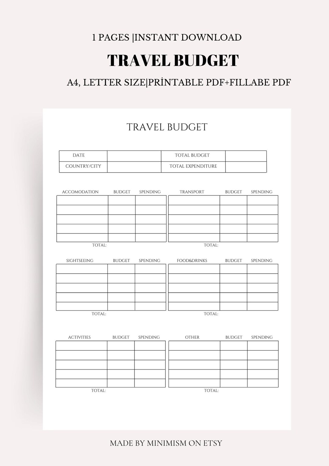 A4 Travel Budget Planner or Spending Tracker - Printable Vacation ...