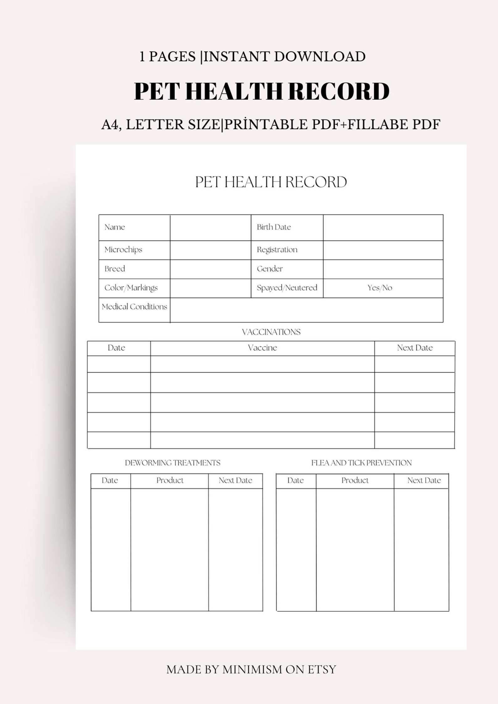 Pet Health Tracker -printable Cat and Dog Health Record, Vaccination ...