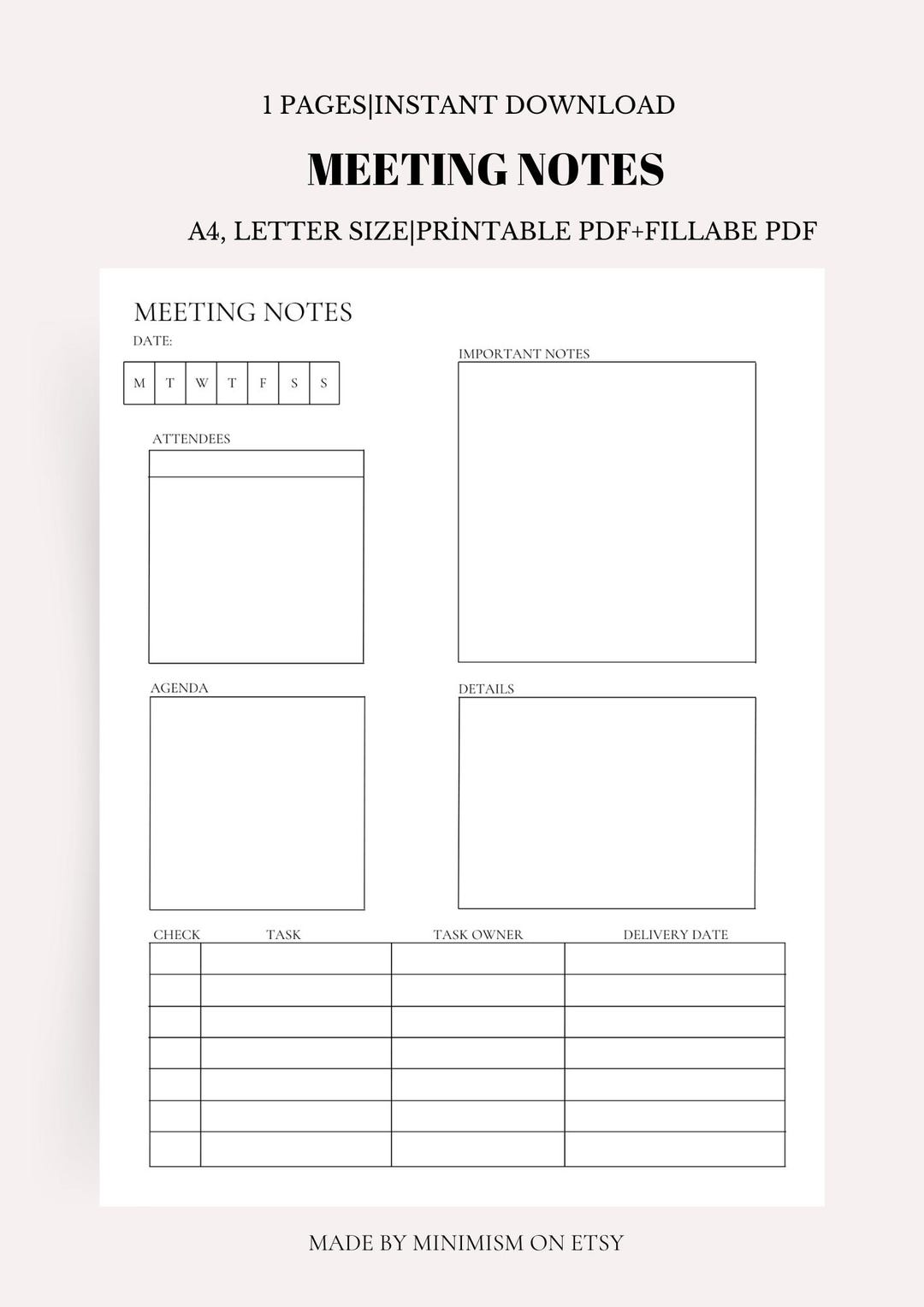 Customizable Meeting Notes Template – Printable A4 Agenda & Minutes ...