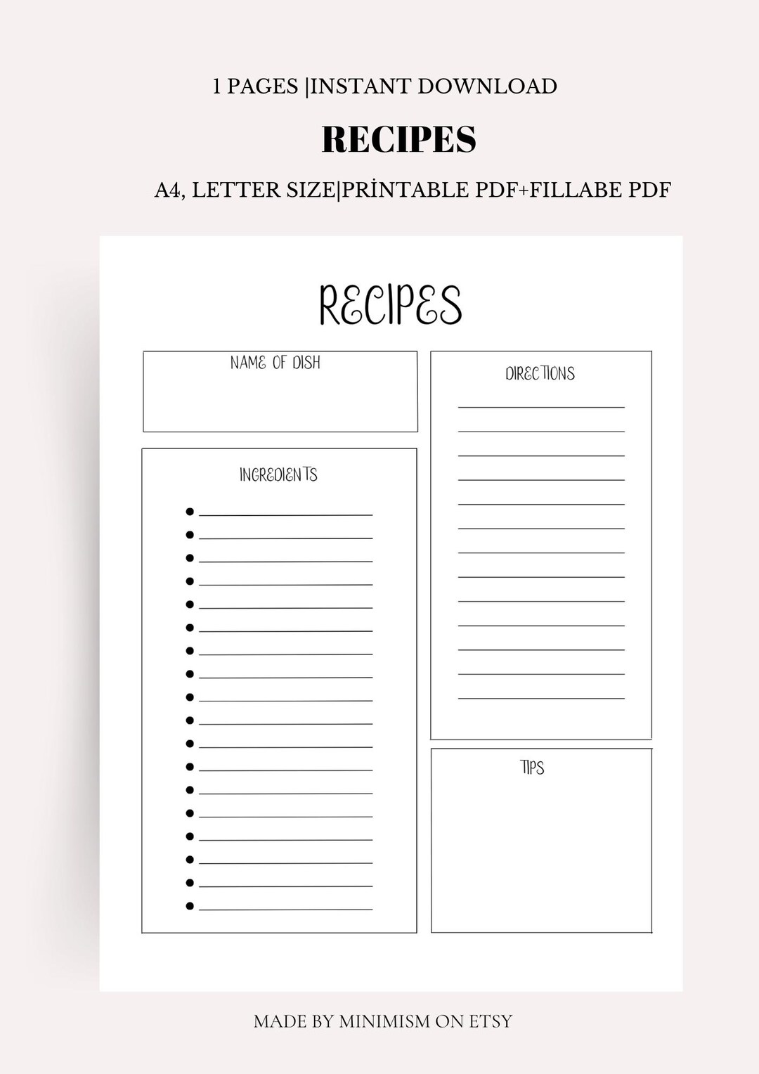 Recipe Book Template, Printable Recipe Journal & Planner, Blank Recipe ...