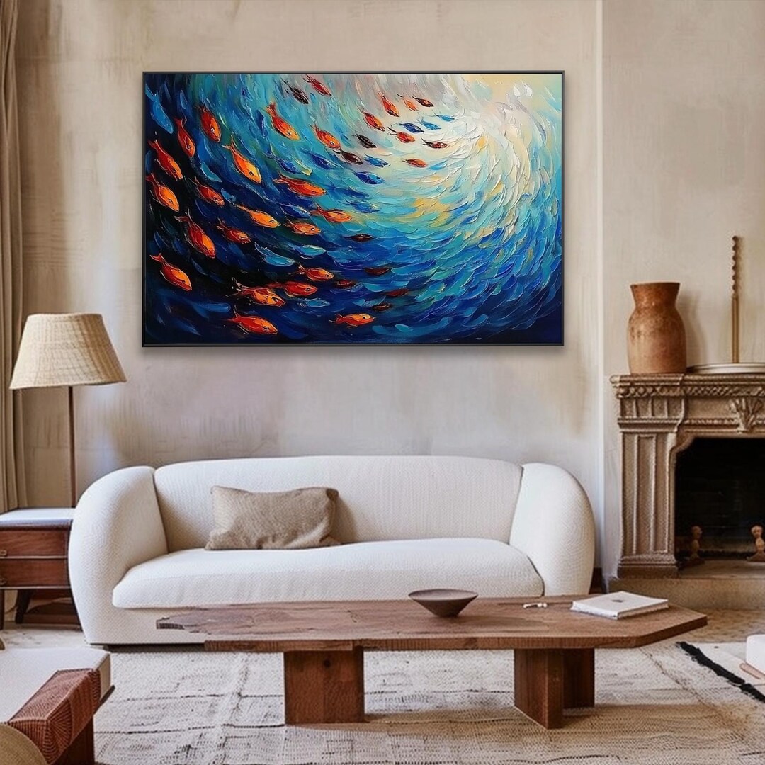 Vibrant Fish Swarm Painting | Large Abstract Ocean Art | Hand-painted ...
