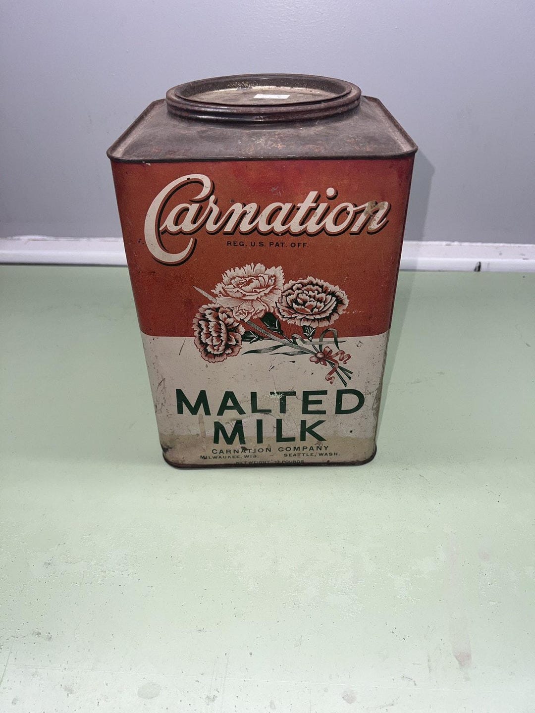 VTG CARNATION Malted Milk Can Tin 10 Pound Canister Milwaukee Wis ...