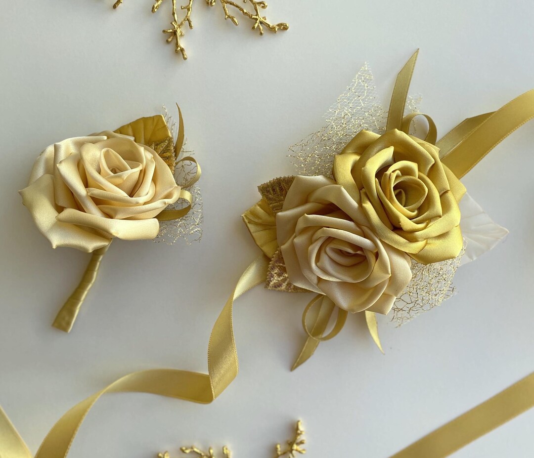 Shades of Gold Flower Wrist Corsage Boutonniere Set Wedding Corsage ...