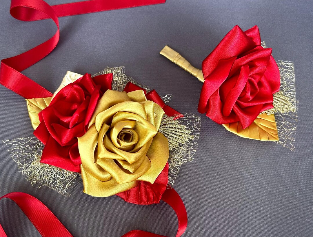 Red Gold Flower Wrist Corsage Boutonniere Set Wedding Homecoming Grad ...