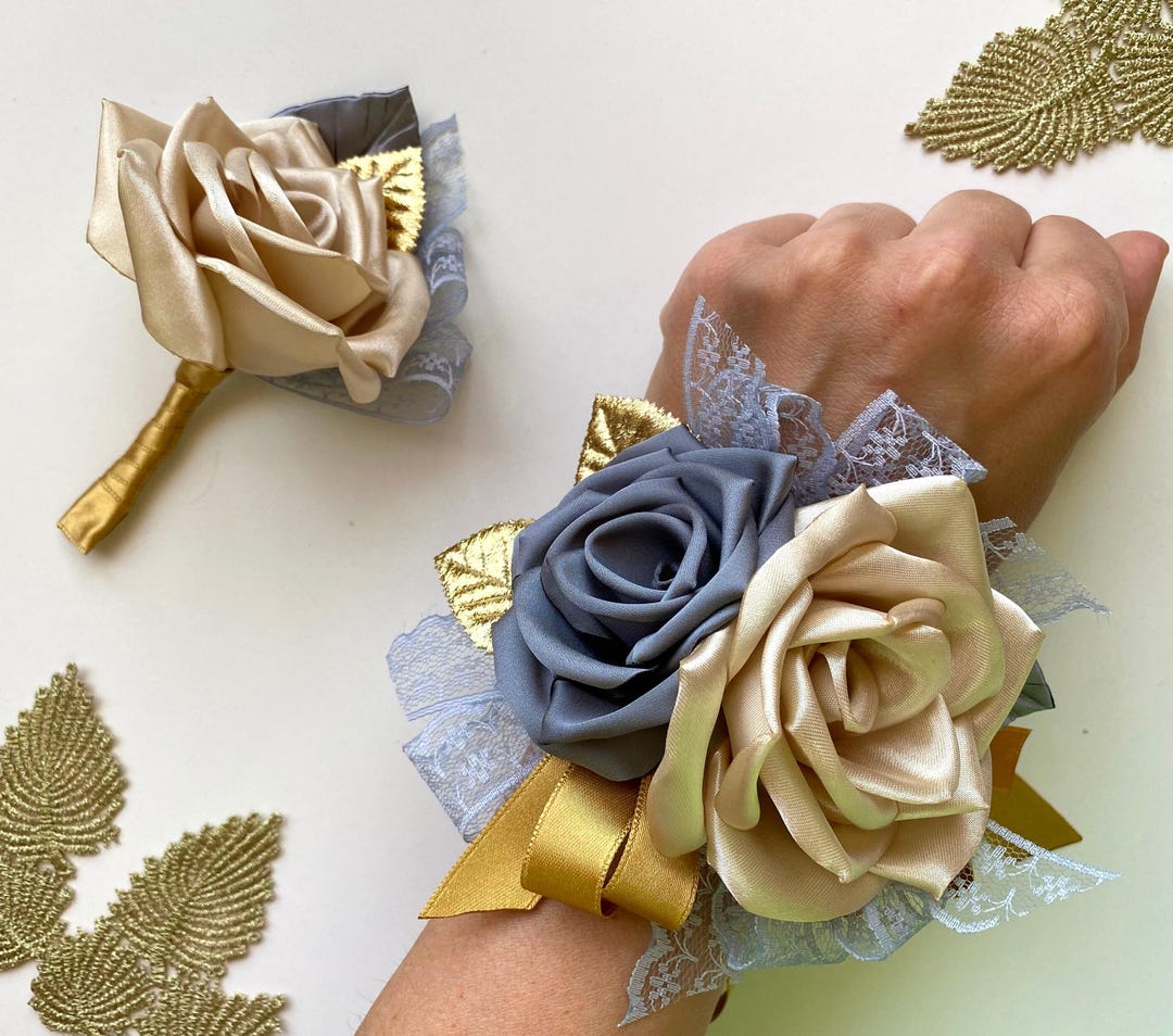 Champagne Charcoal Gray Gold Wrist Corsage Boutonniere Set Wedding Grad ...
