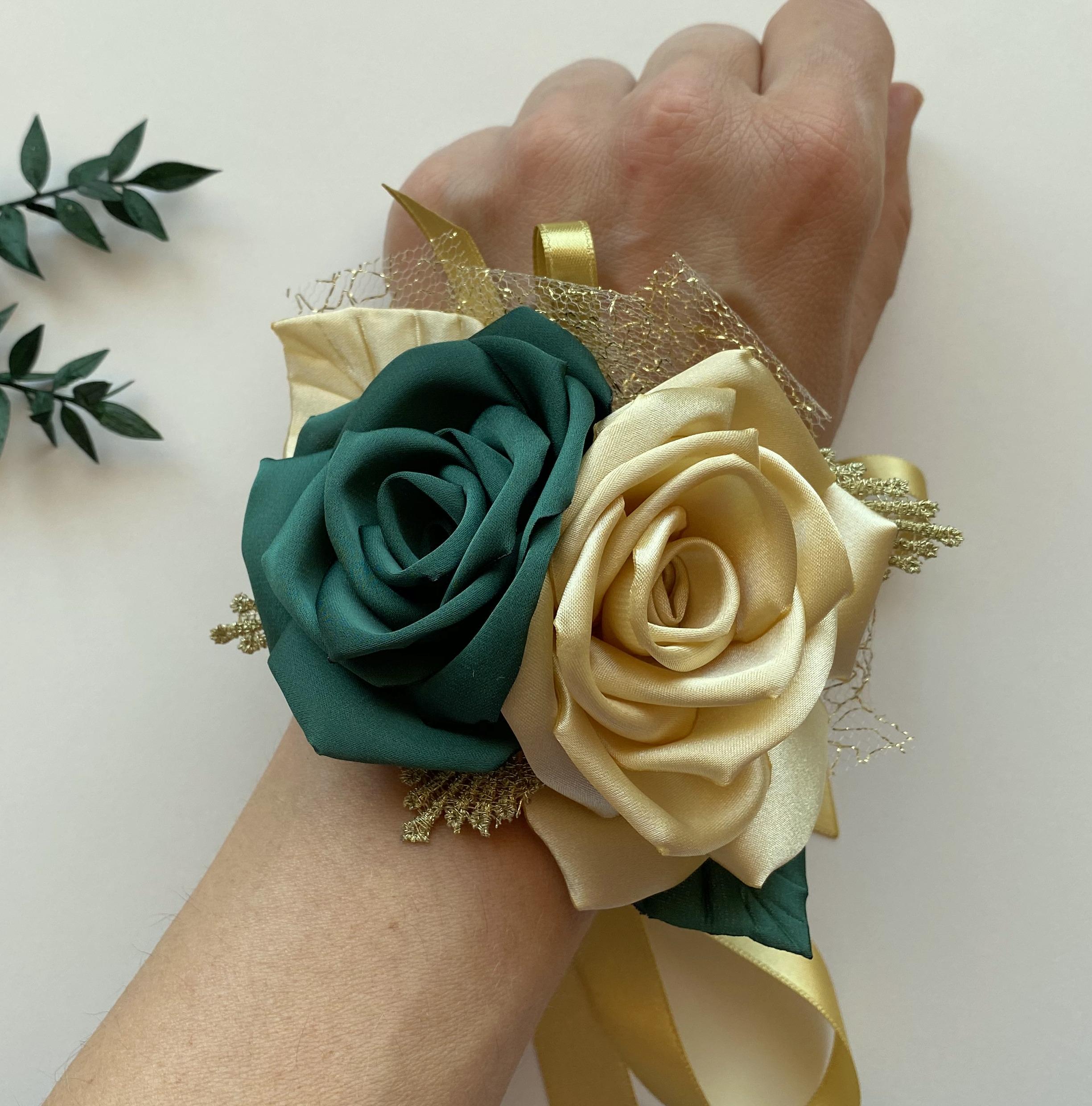 Emerald Green and Gold Wrist Corsage or Boutonniere Wedding Bridesmaid ...