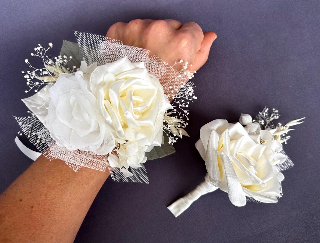 Ivory Flower Wrist Corsage Boutonnière Set Wedding Grad Prom Corsage ...