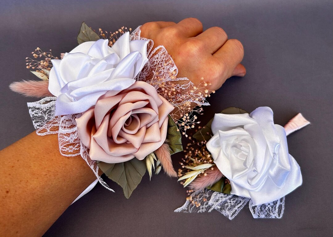 White Blush Pink Flower Wrist Corsage Boutonnière Wedding Grad Prom ...