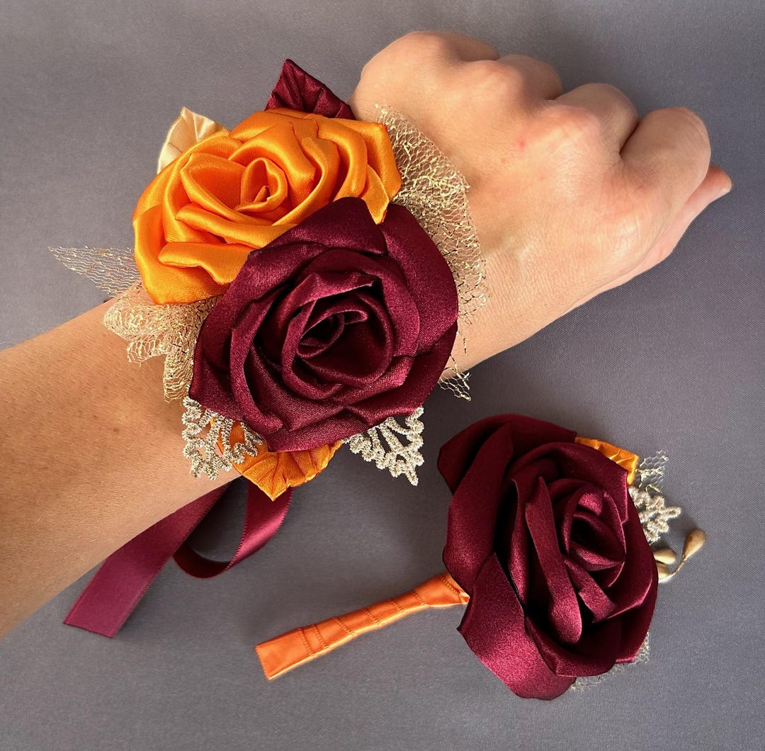 Orange Burgundy Gold Wrist Corsage and Boutonniere Set Wedding Corsage ...