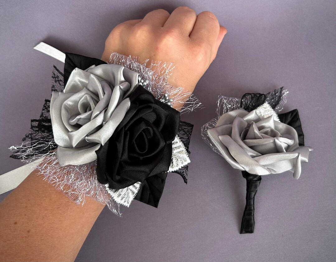 Black Silver Flowers Wrist Corsage or Boutonnière Set Wedding Corsage ...