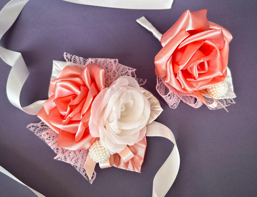 Coral Ivory Flower Wrist Corsage Boutonniere Set Wedding Corsage ...